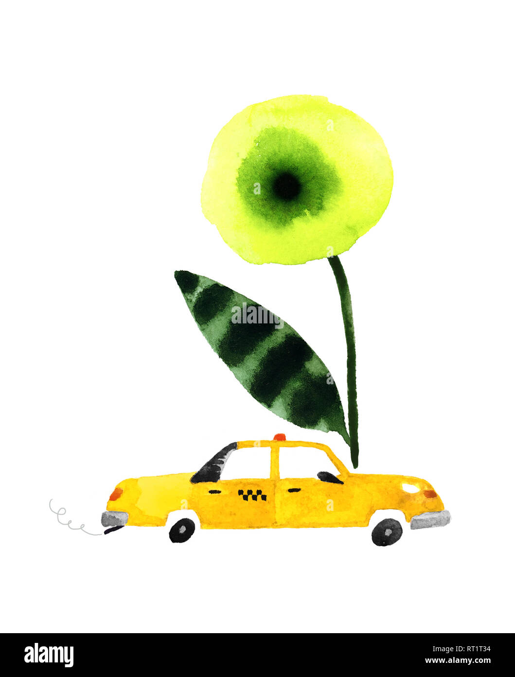 Watercolor car with hand drawn flower isolated on white background for ...