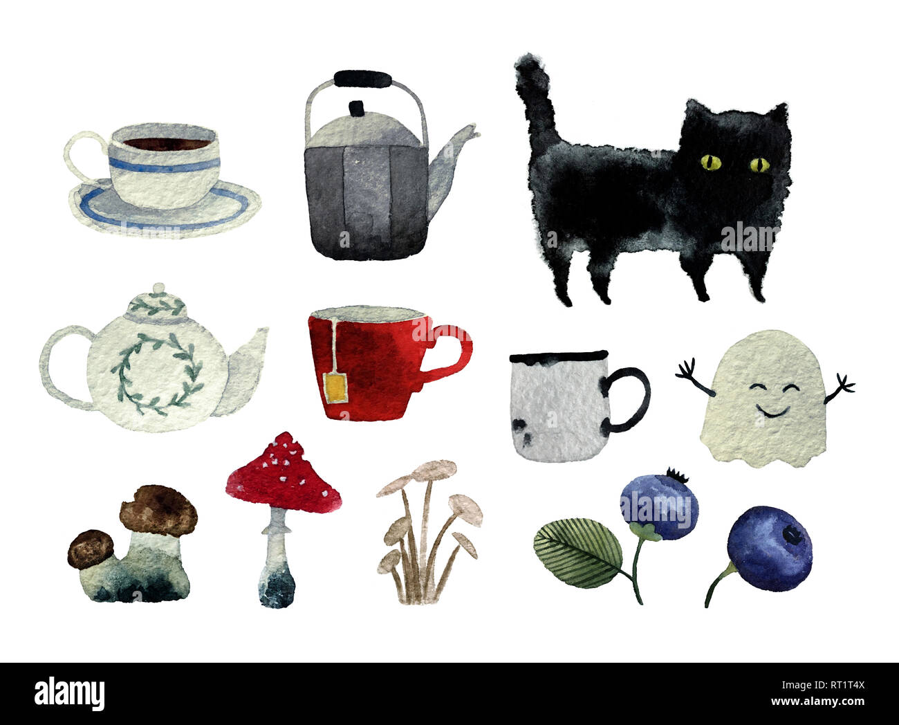 Set of watercolor hand drawn objects isolated on white background for ...