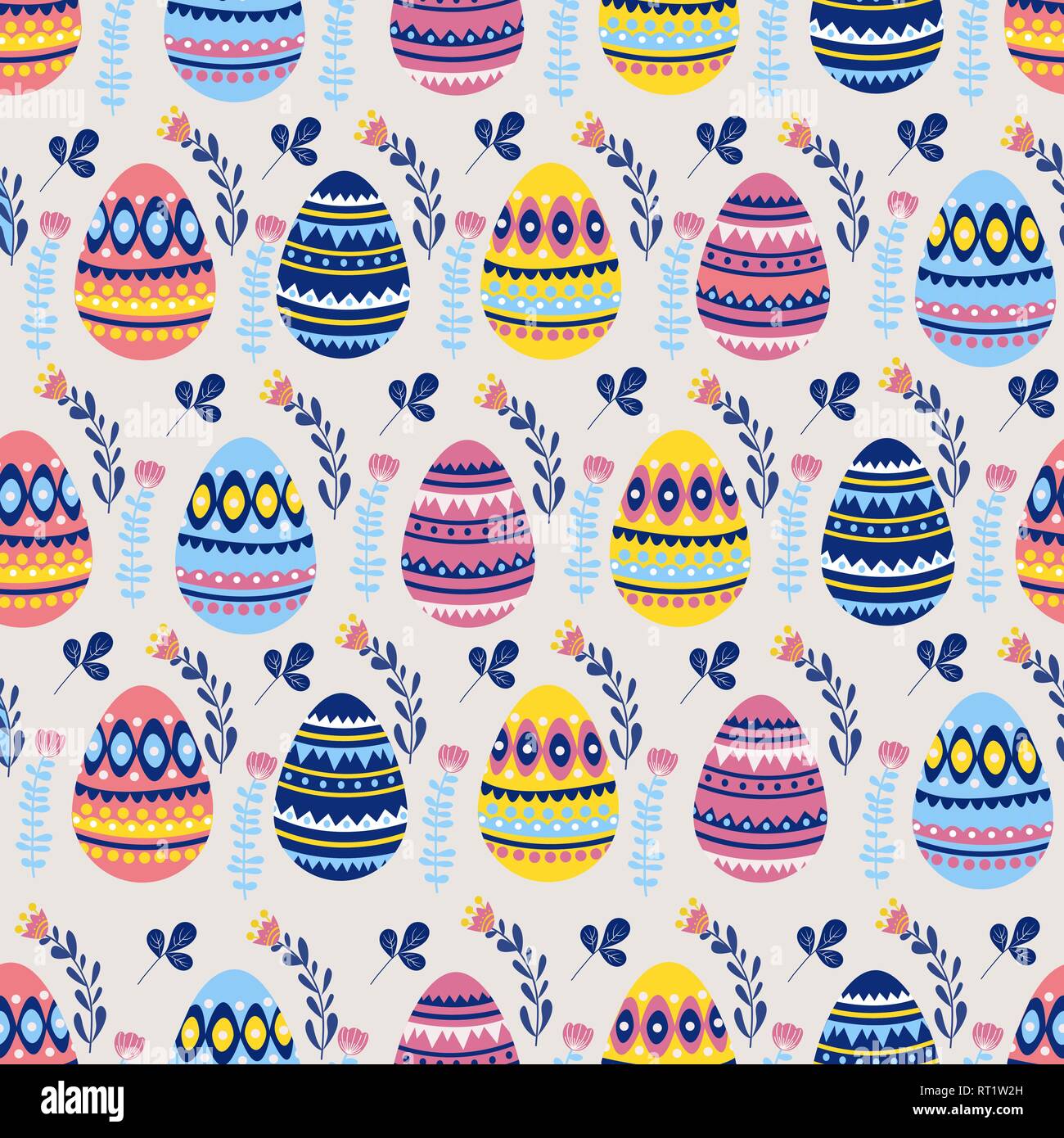 Easter seamless pattern with cartoon flat cute eggs and doodle flowers ...