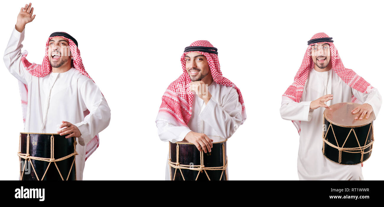 Arab man with drum isolated on white Stock Photo - Alamy