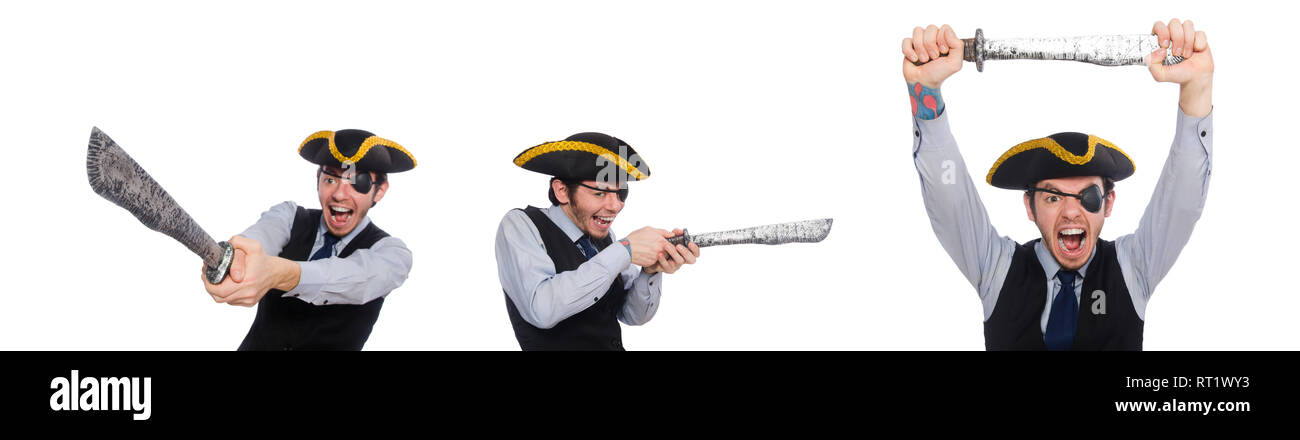 One-eyed man with weapon isolated on white Stock Photo - Alamy