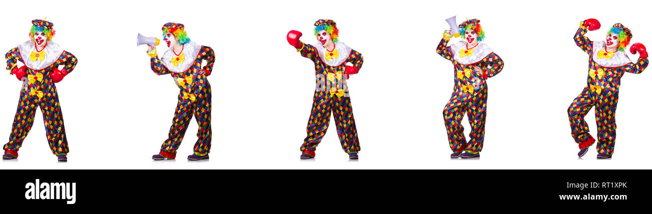 Funny male clown with boxing gloves and loudspeaker Stock Photo - Alamy