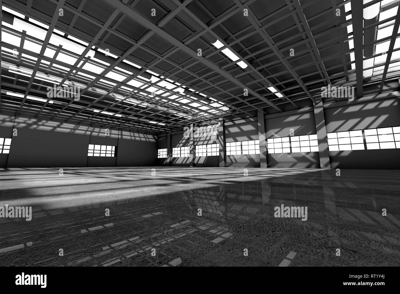 Architecture visualization of an empty warehouse, 3D Rendering Stock ...