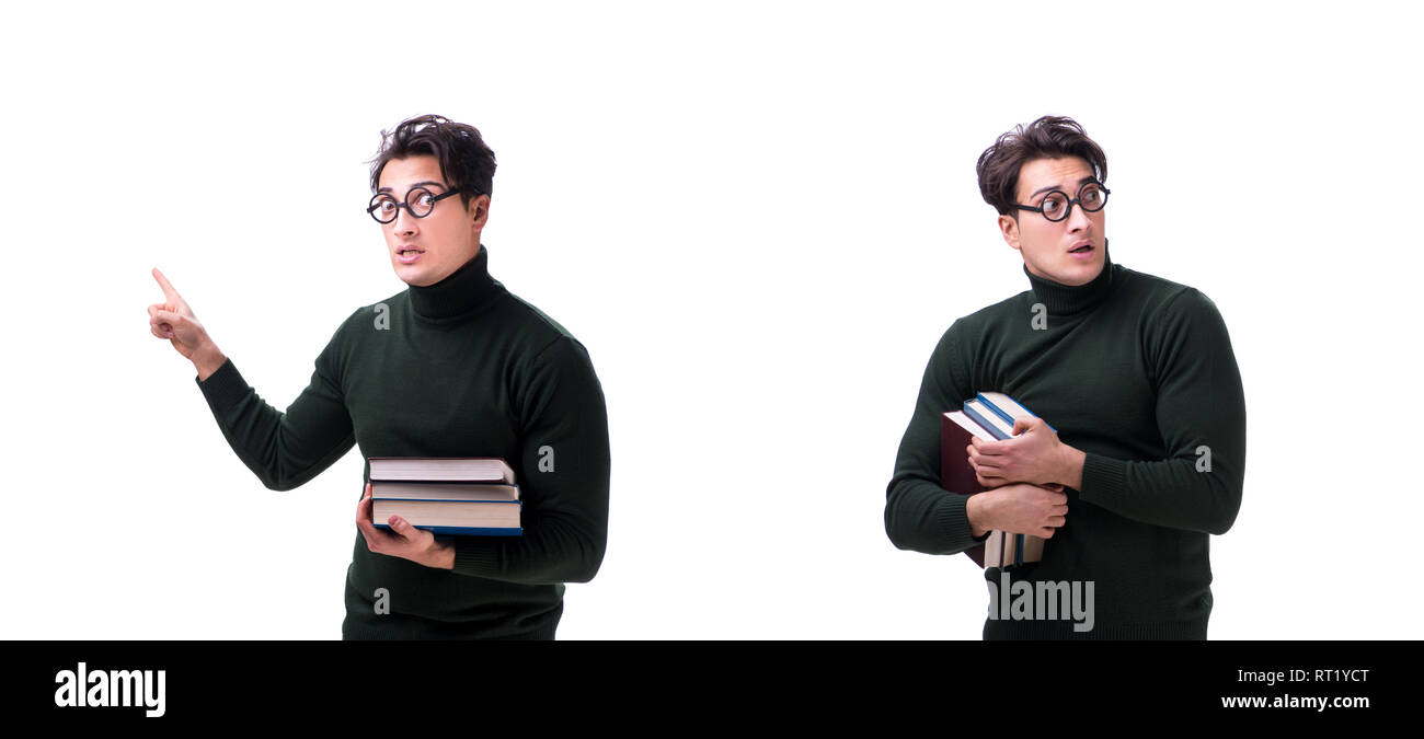 Nerd young student with books isolated on white Stock Photo - Alamy