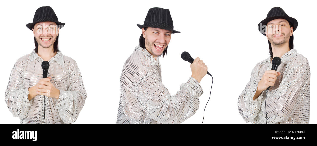 Young man singing with microphone isolated on white Stock Photo - Alamy