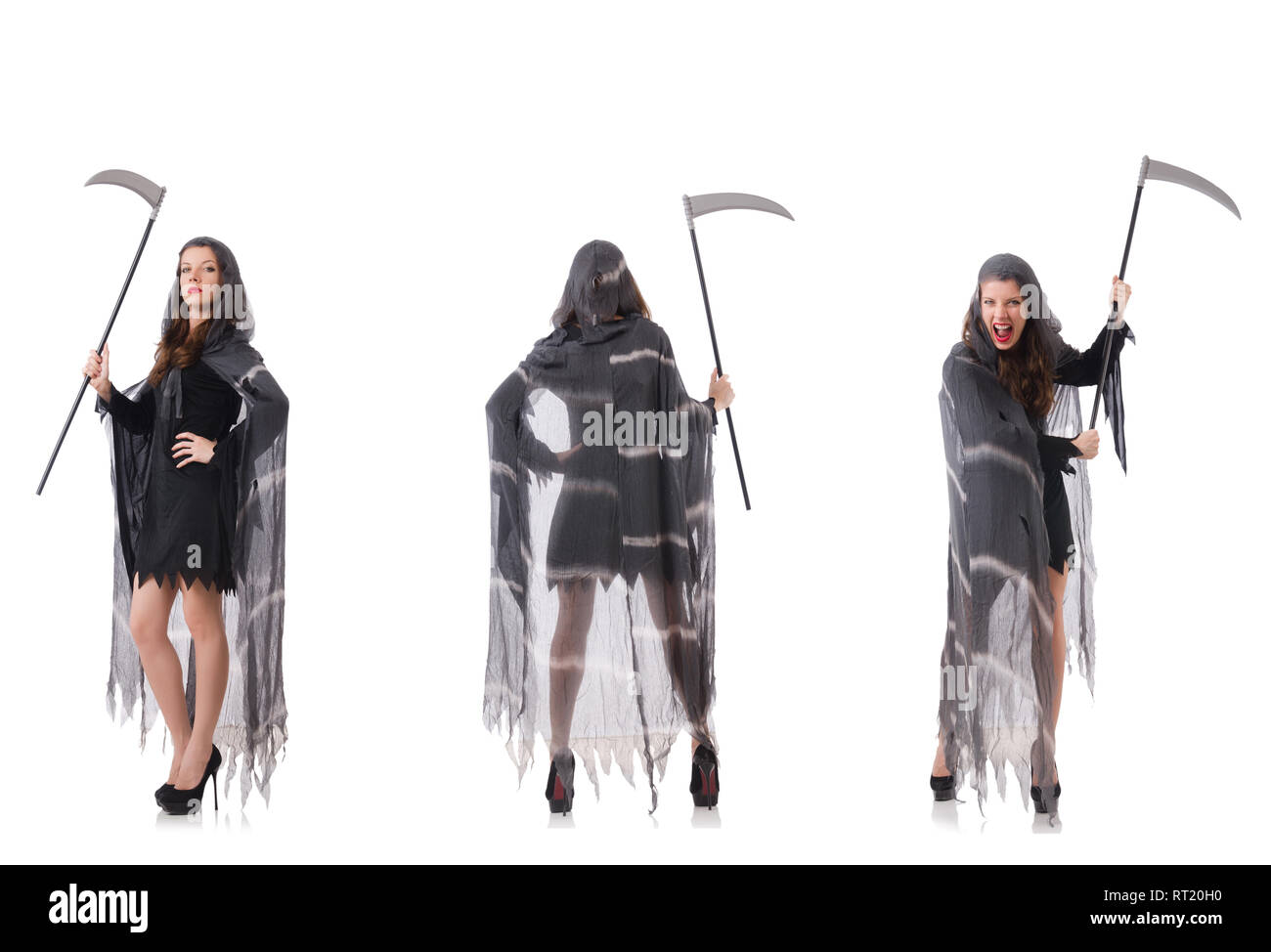 Woman with scythe isolated on white Stock Photo - Alamy