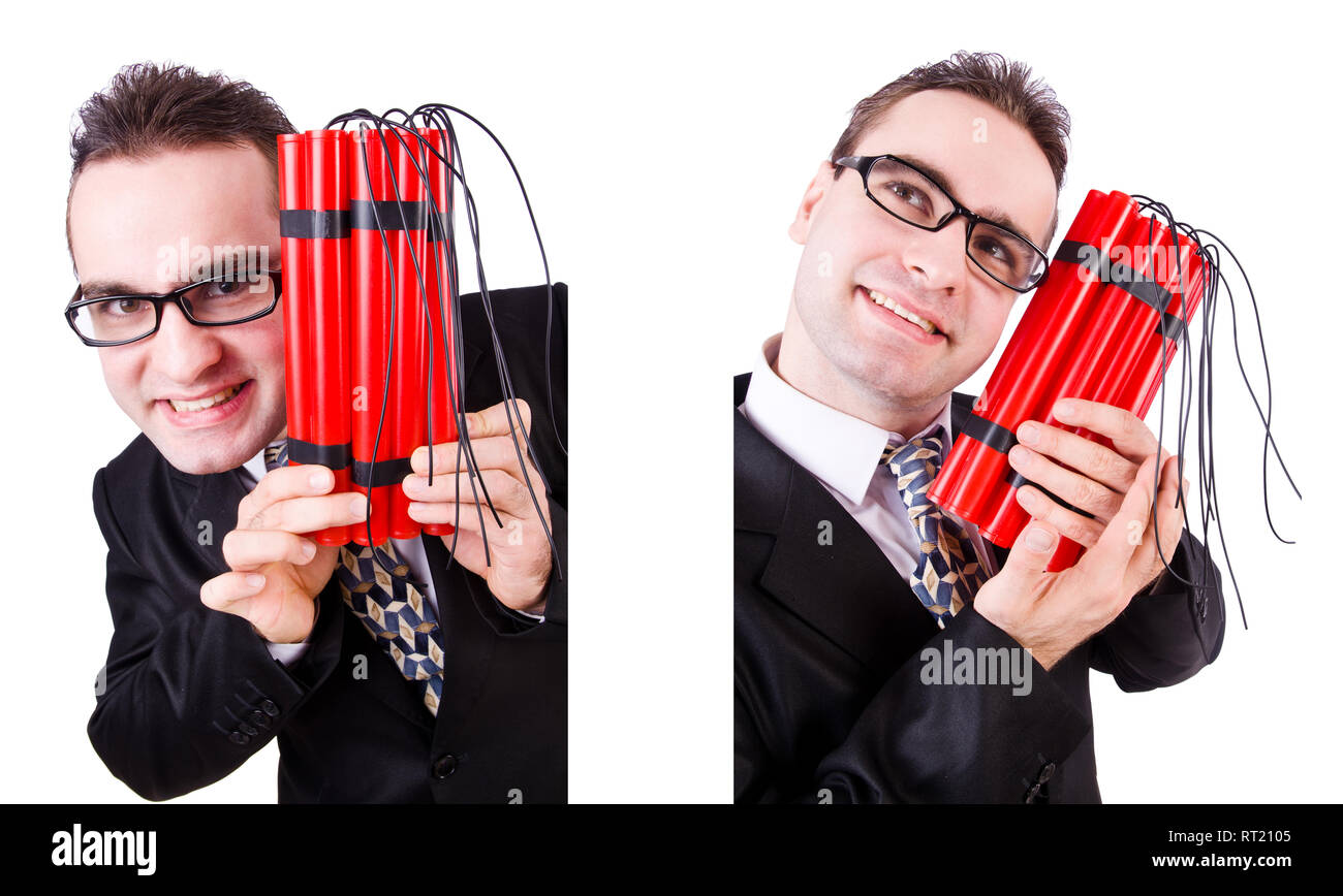 Man with dynamite isolated on white Stock Photo - Alamy