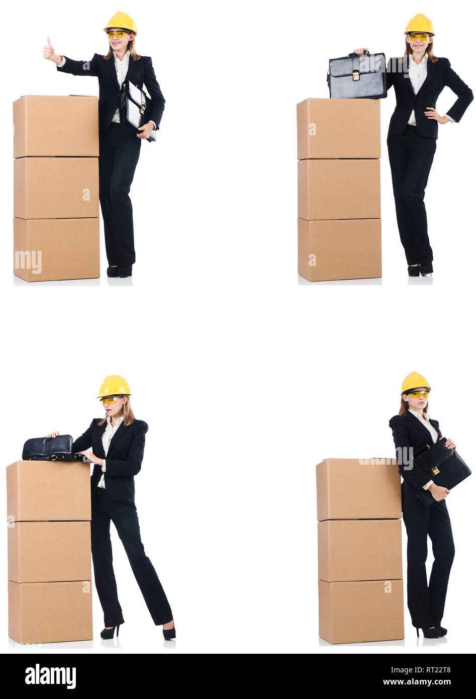 Woman builder with box isolated on white Stock Photo - Alamy
