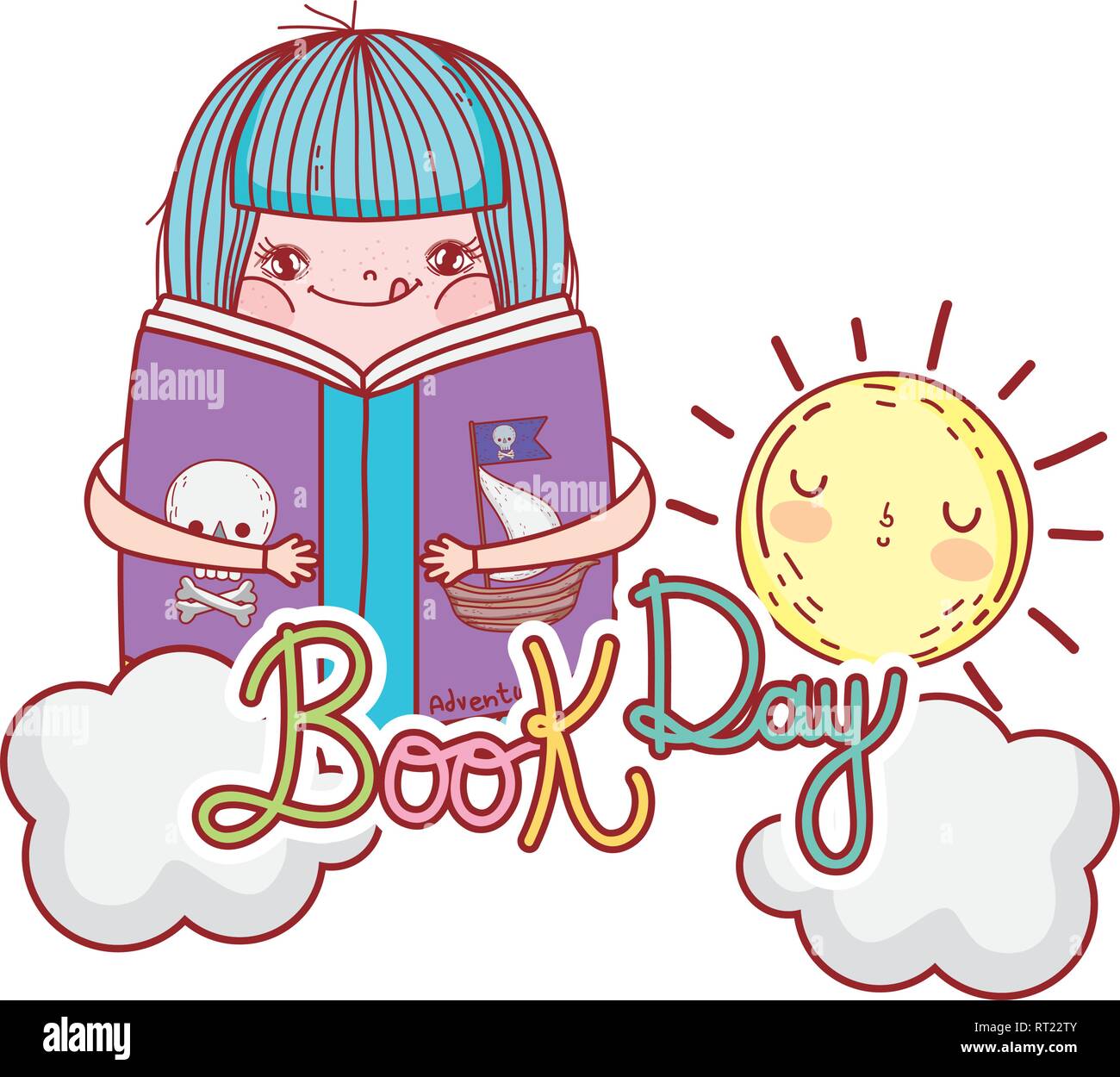 happy little girl reading book with sun kawaii Stock Vector Image & Art ...