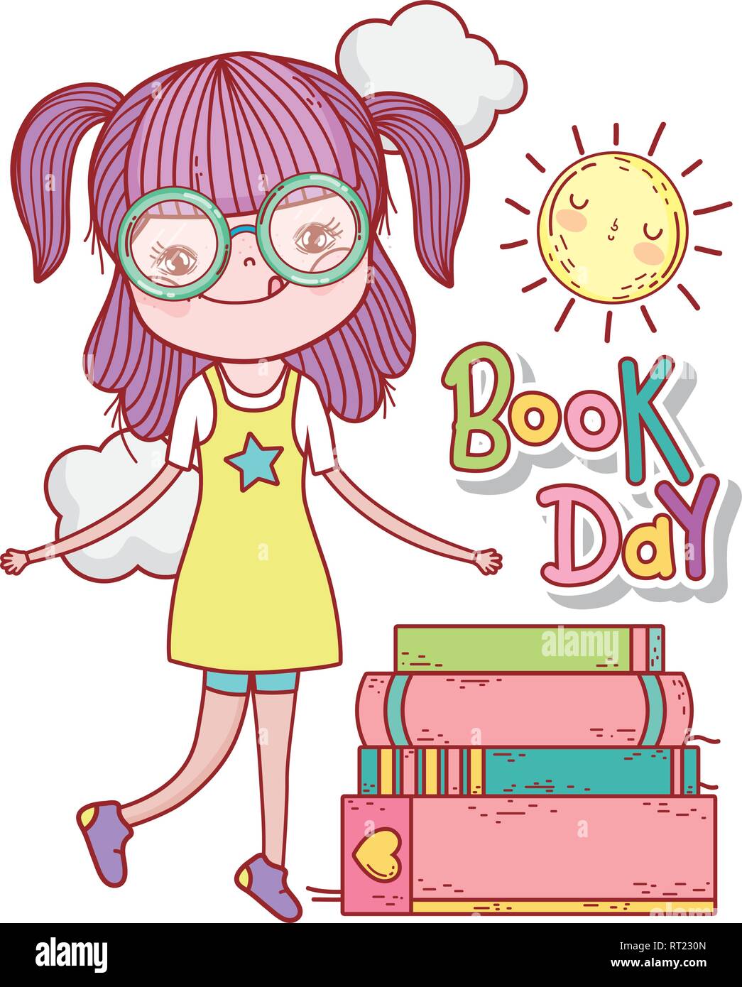 happy little girl reading book with sun kawaii Stock Vector Image & Art ...