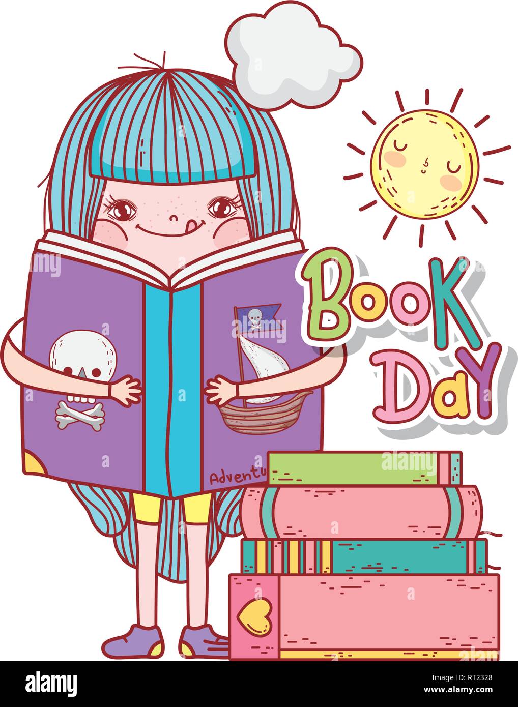 happy little girl reading book with sun kawaii Stock Vector Image & Art ...