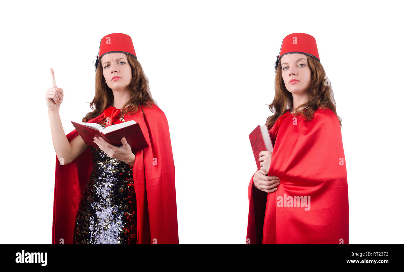 Woman wearing fez hat isolated on white Stock Photo - Alamy