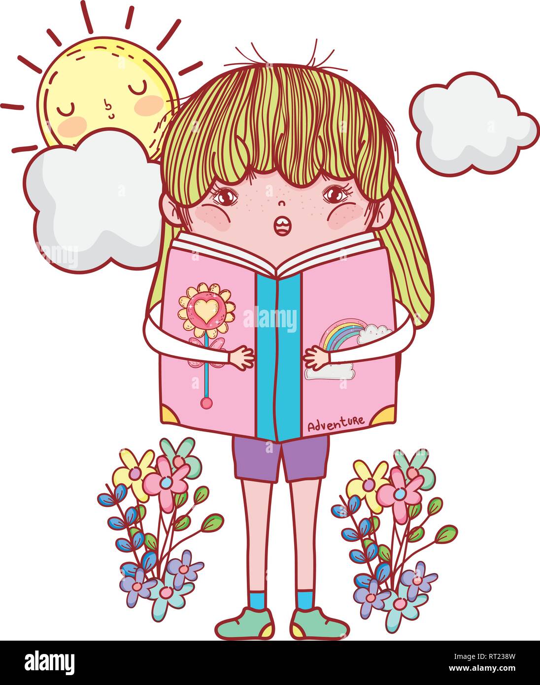 happy little girl reading book with sun kawaii Stock Vector Image & Art ...