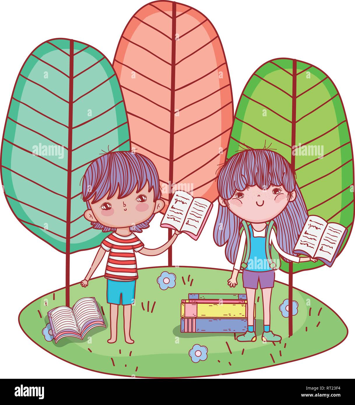 happy little kids reading books in the landscape Stock Vector Image ...