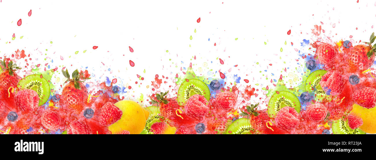 Artfully and lovingly designed fruit explosion banner with raspberries ...