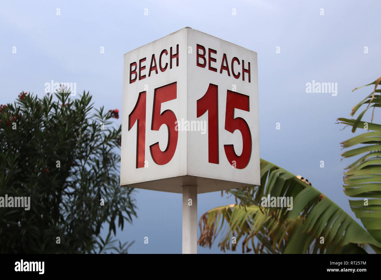 Beach number 15 sign with palm leafs Stock Photo - Alamy