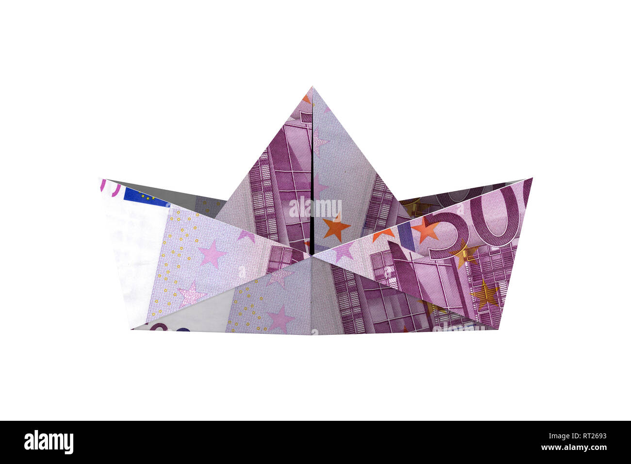 Folder paper ship boat origami with currency euro banknote, isolated on ...