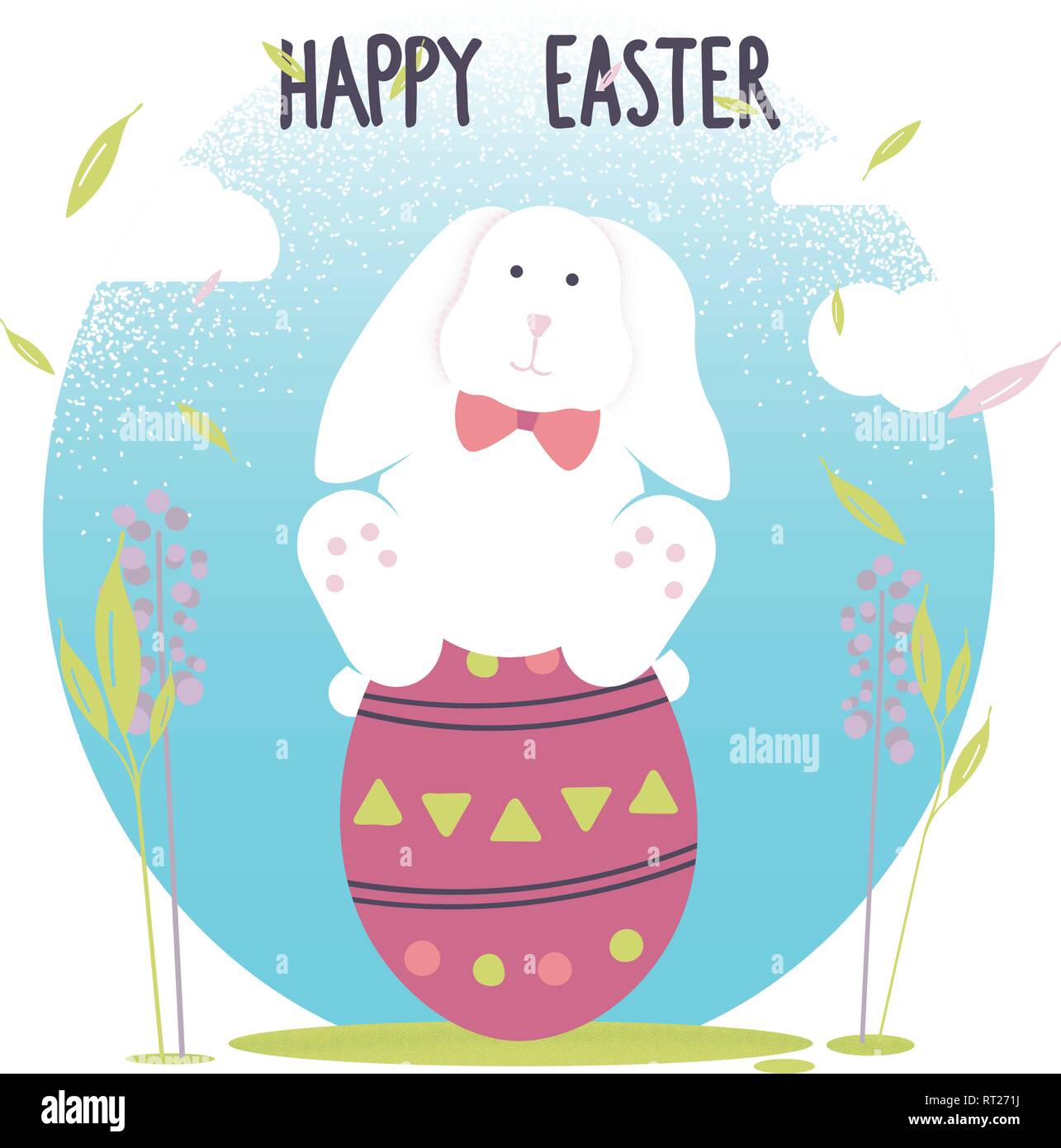 Easter Bunny greeting card design. Easter bunny sitting on egg vector ...