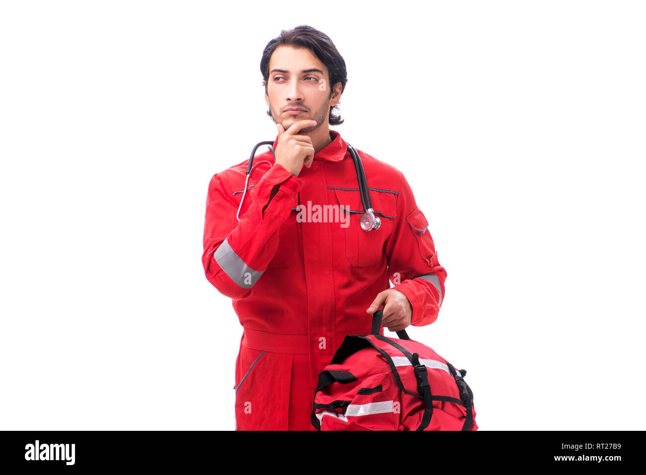 Young paramedic in red uniform isolated on white Stock Photo - Alamy