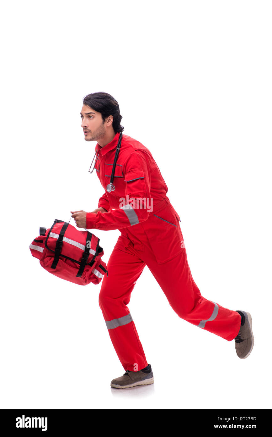 Young paramedic in red uniform isolated on white Stock Photo - Alamy