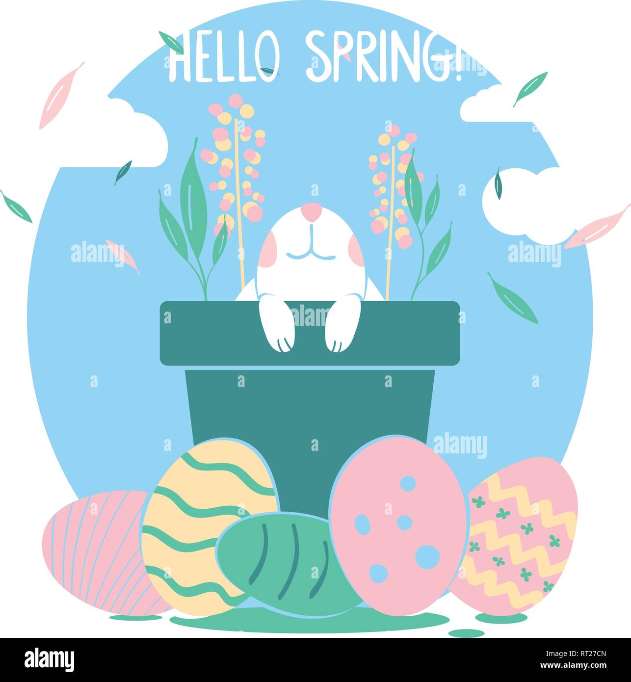 Hello spring Easter greeting card design. Easter bunny in flower pot ...
