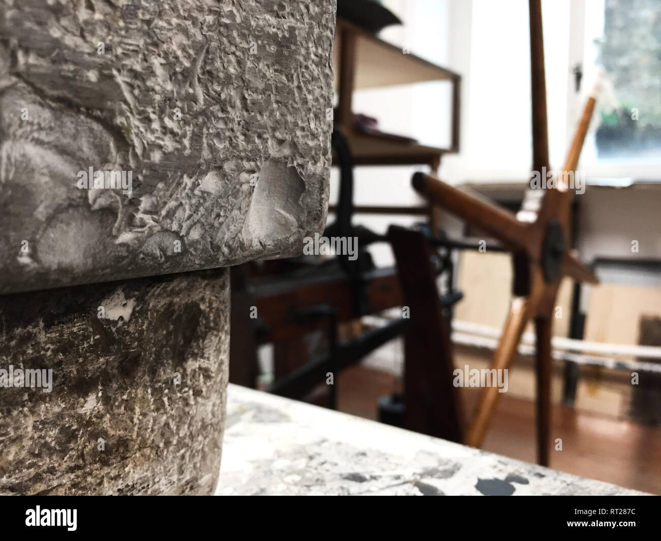 engraving stone, seen in an engraving workshop, ancient printing ...