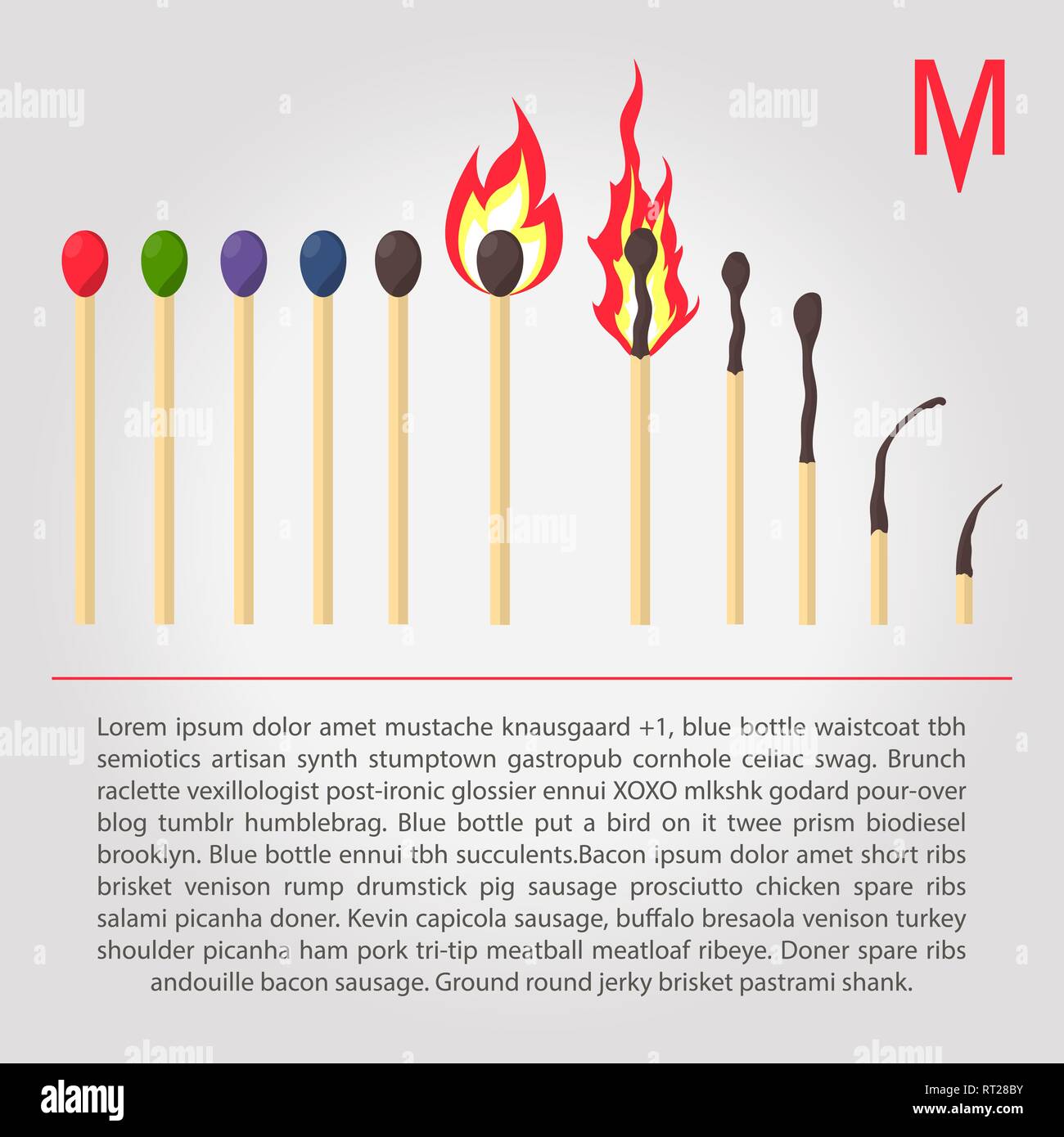 Collection of matches. Burning match with fire,burnt matchstick. Flat ...