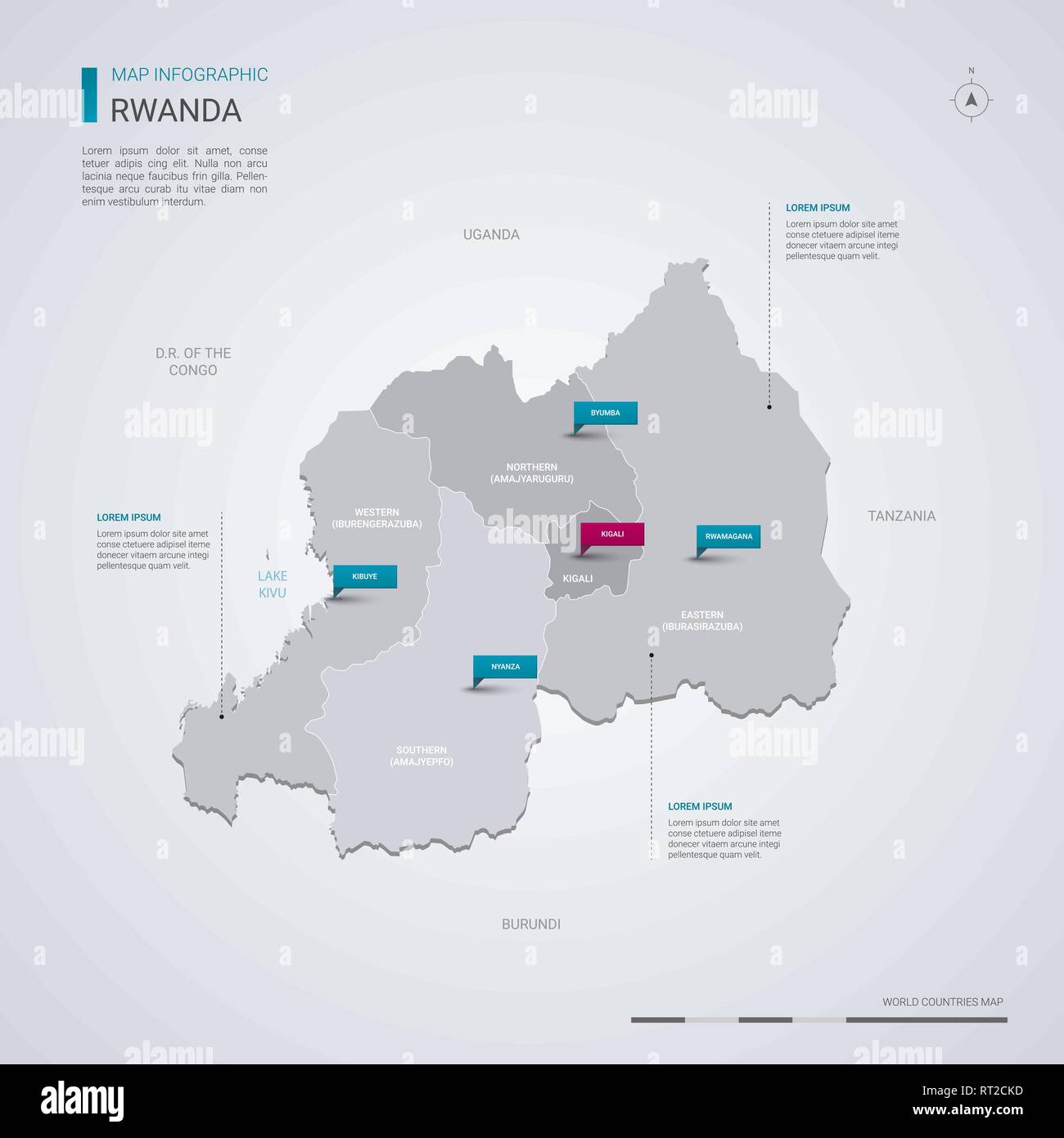 Rwanda vector map with infographic elements, pointer marks. Editable ...