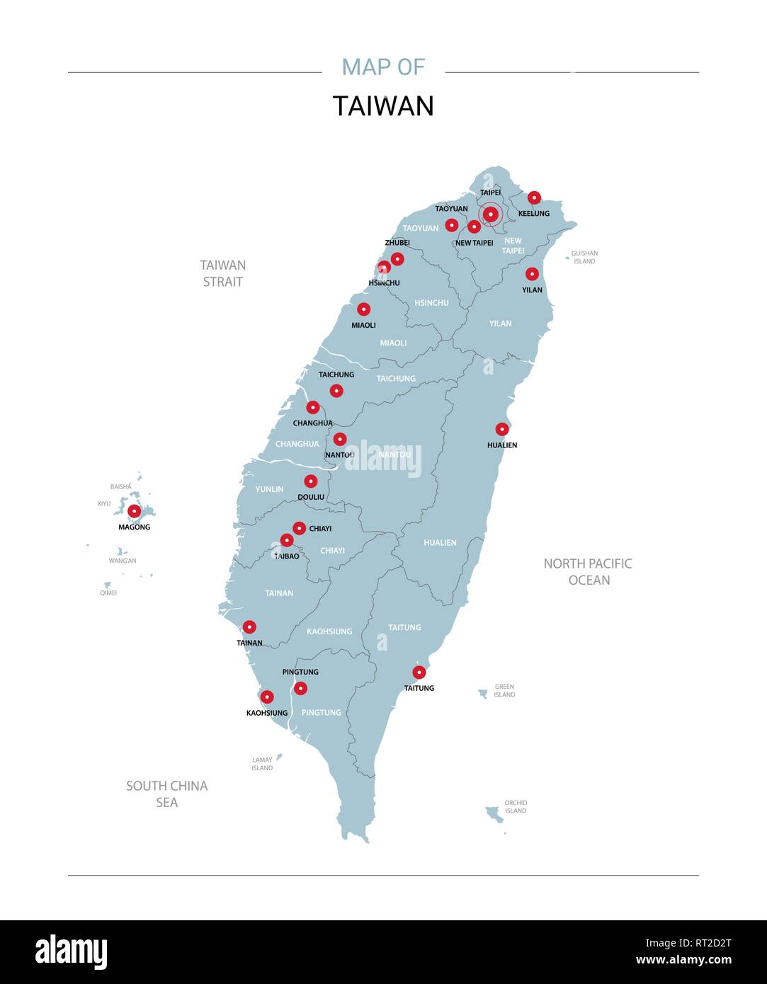 Taiwan vector map. Editable template with regions, cities, red pins and ...