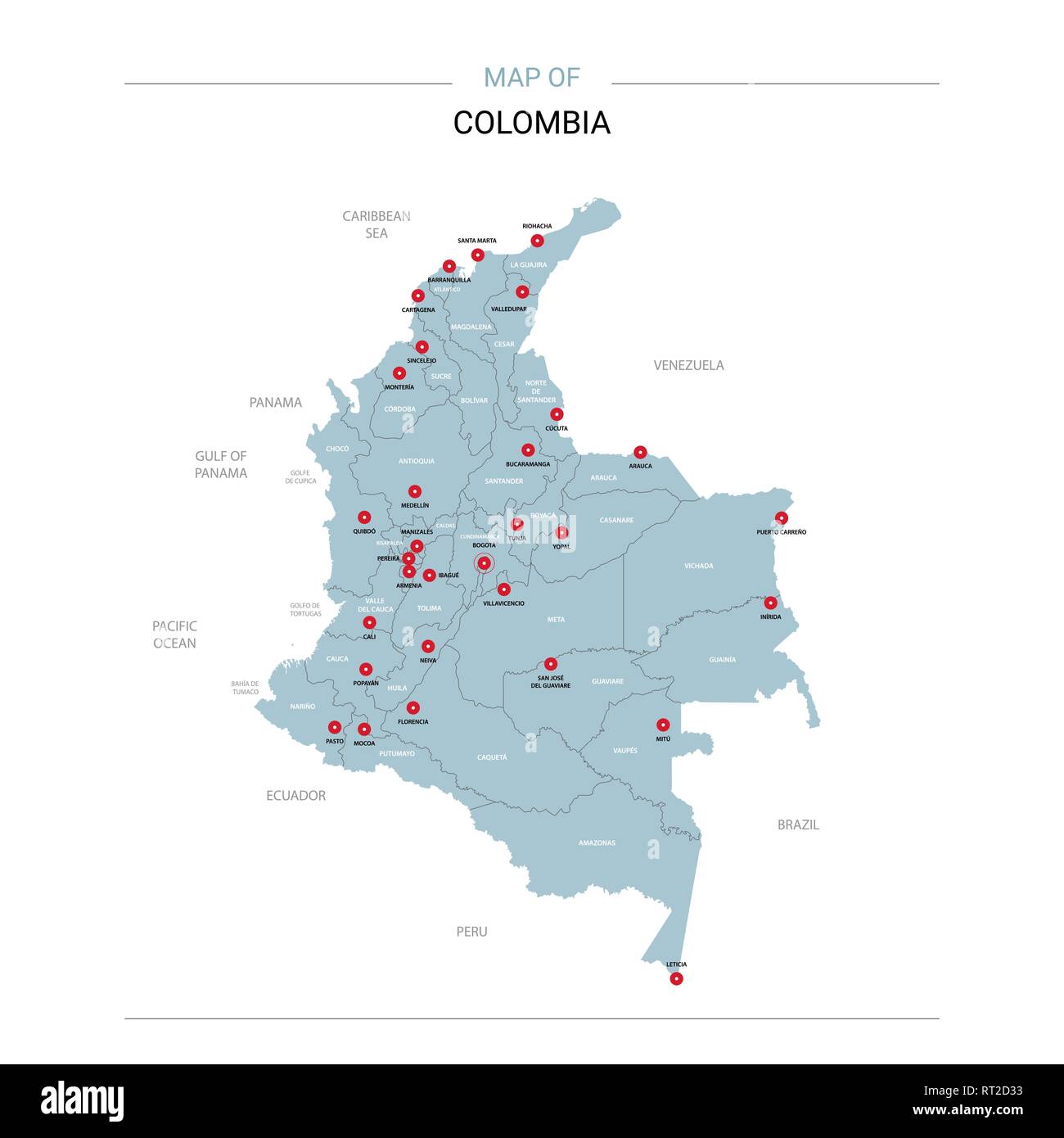 Colombia vector map. Editable template with regions, cities, red pins ...