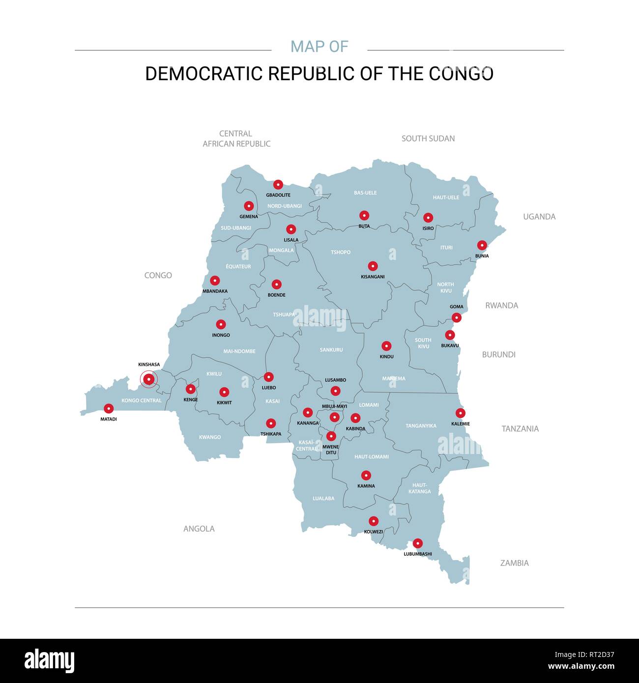 DR of the Congo vector map. Editable template with regions, cities, red ...
