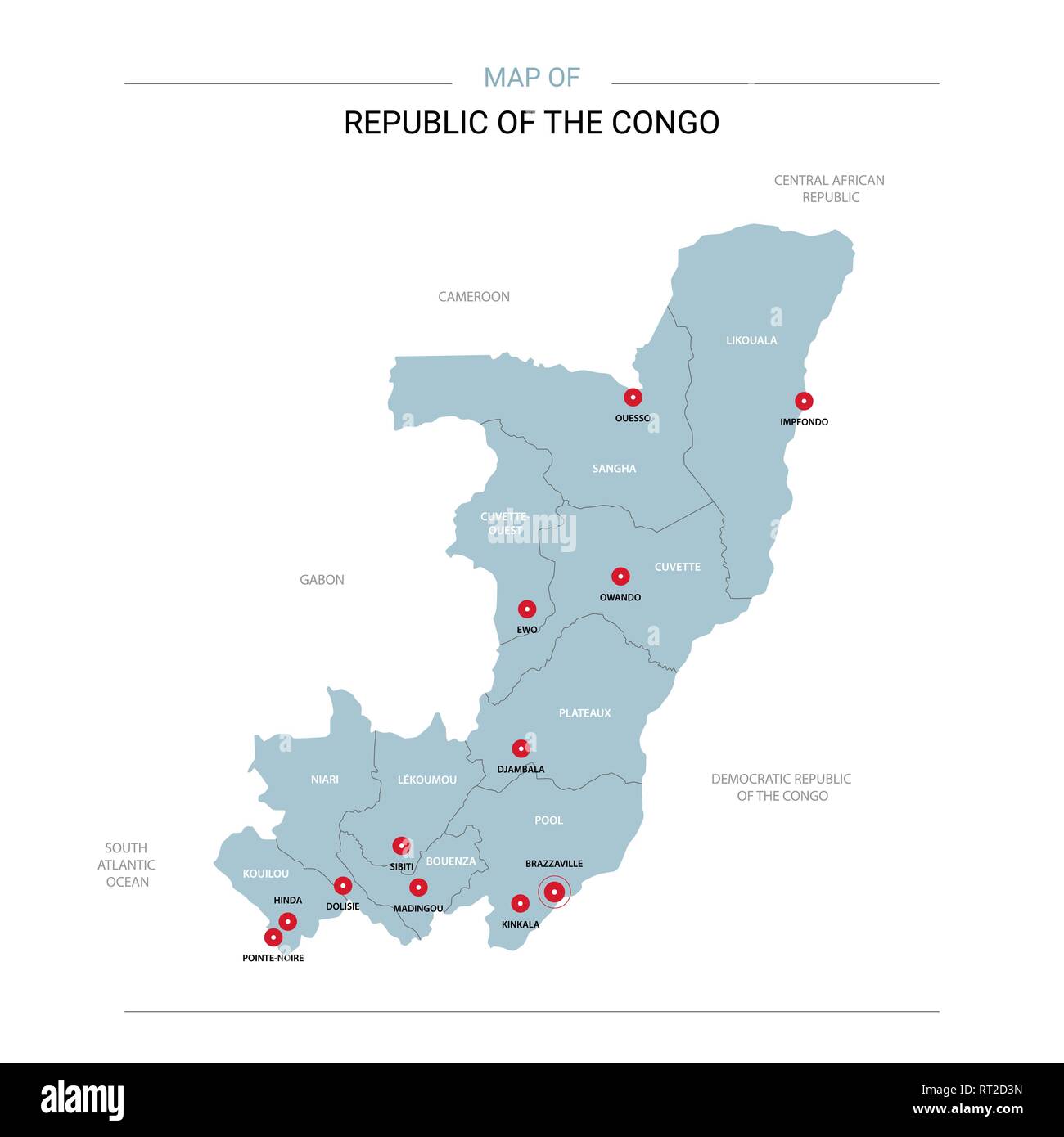 Congo vector map. Editable template with regions, cities, red pins and ...