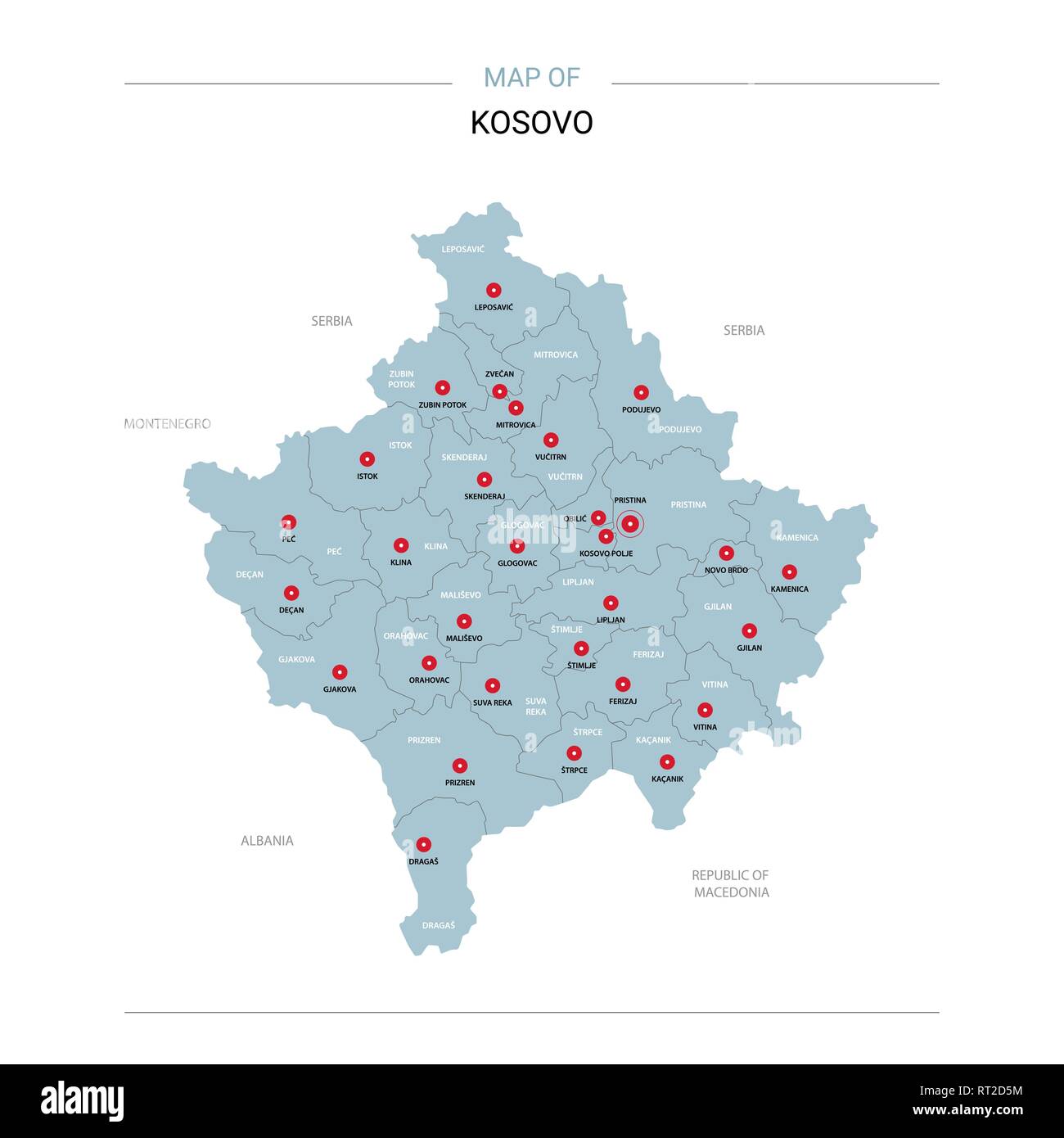 Kosovo vector map. Editable template with regions, cities, red pins and ...