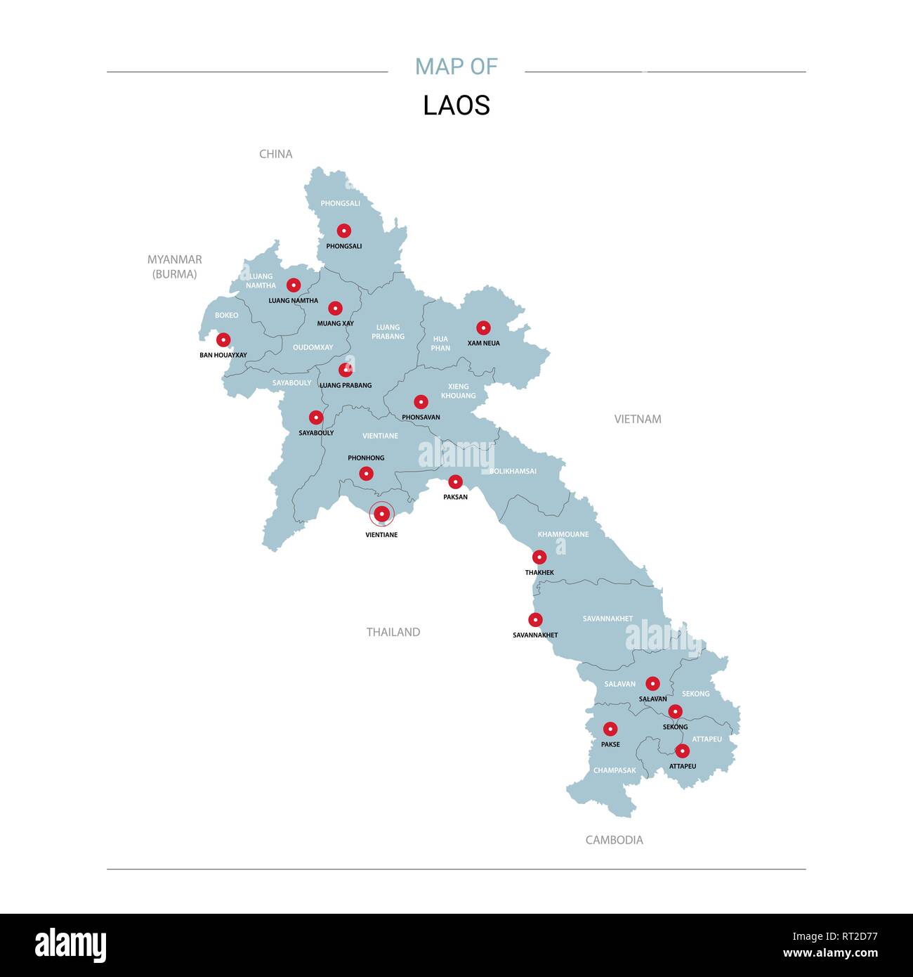 Laos vector map. Editable template with regions, cities, red pins and ...