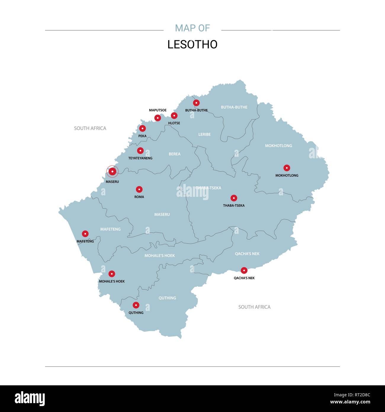 Lesotho vector map. Editable template with regions, cities, red pins ...