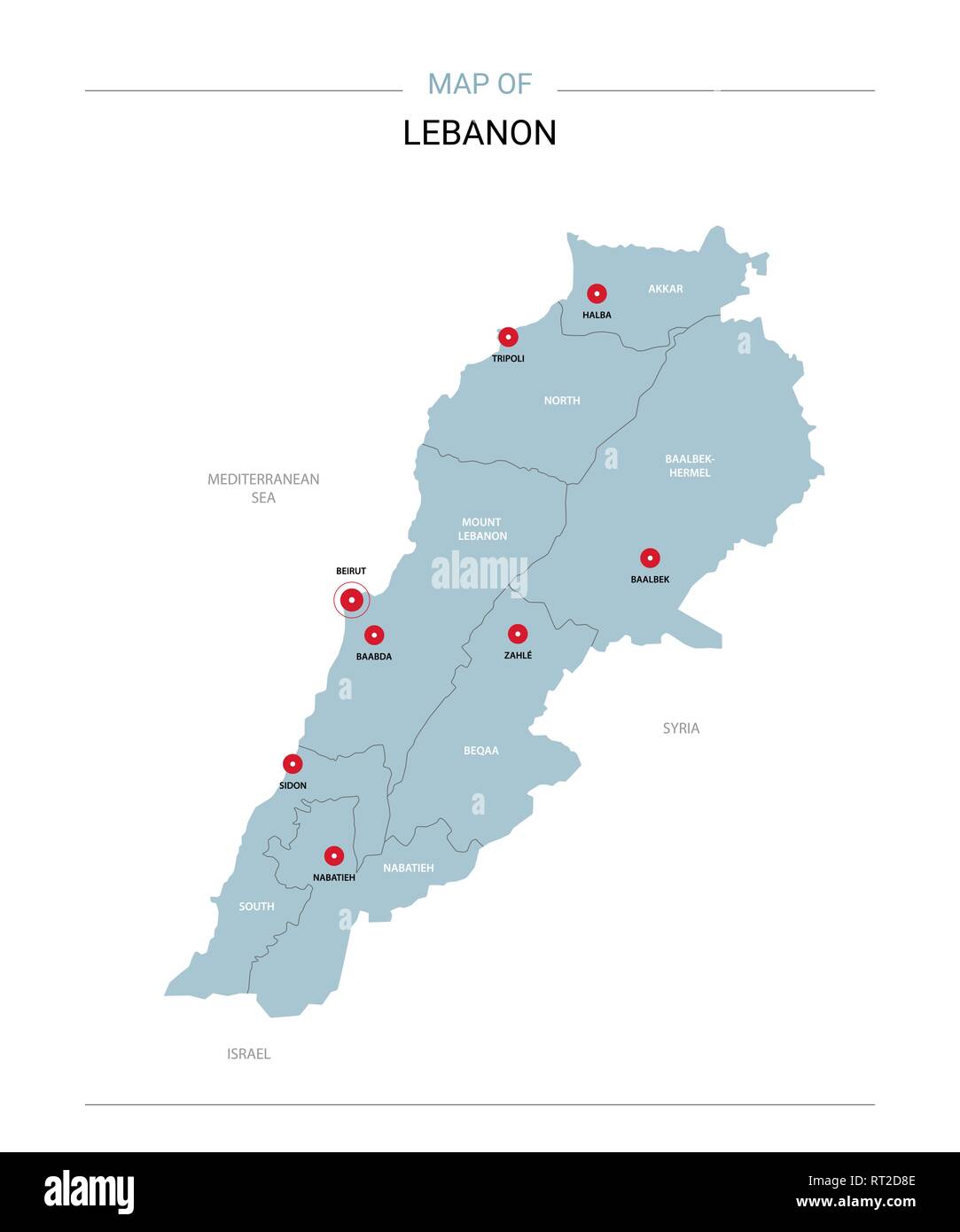 Lebanon Vector Map Editable Template With Regions Cities Red Pins