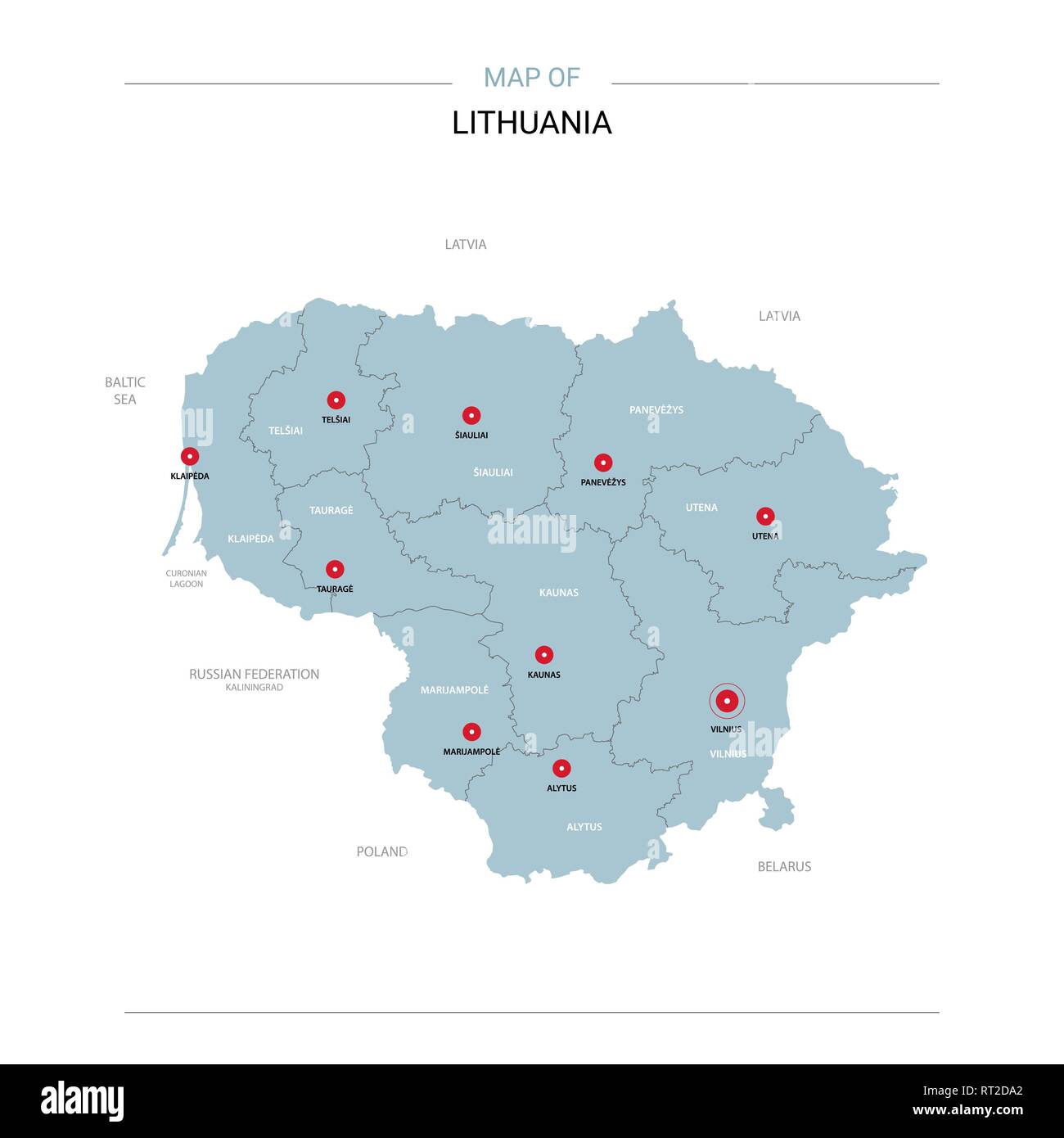 Lithuania vector map. Editable template with regions, cities, red pins ...