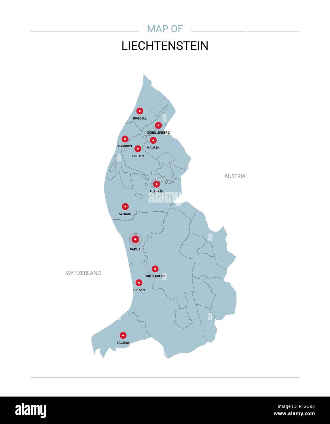 Liechtenstein vector map. Editable template with regions, cities, red ...