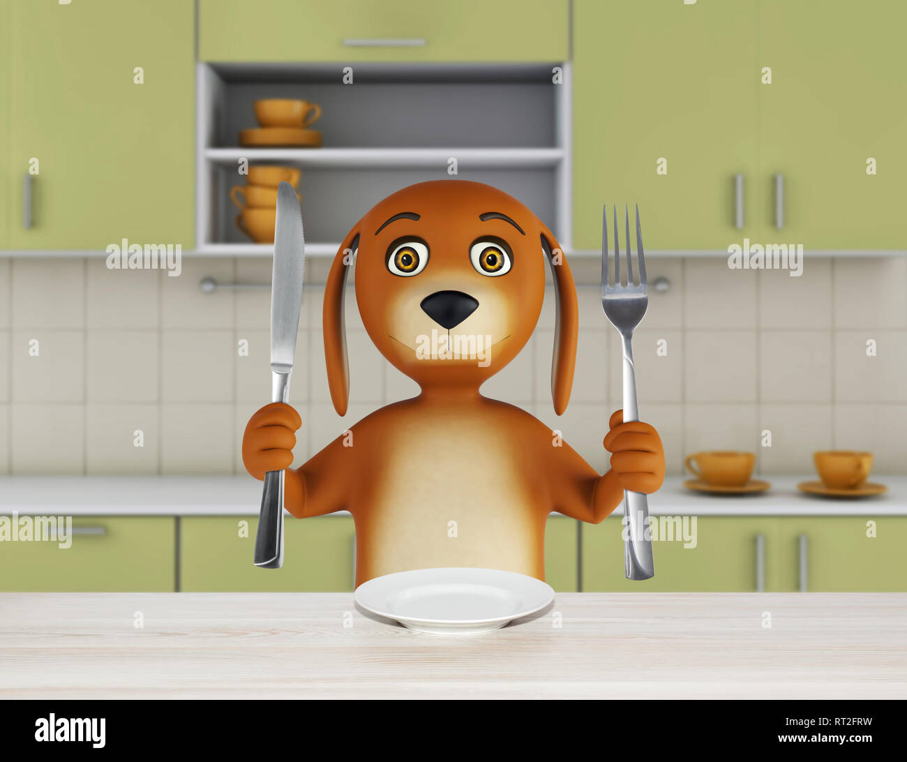 Hungry cartoon dog with empty bowl holds a knife and fork. 3d render ...