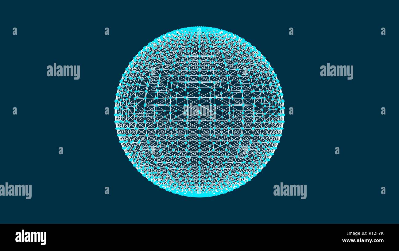 3d sphere with mesh effect, abstract connections with dots are in space ...