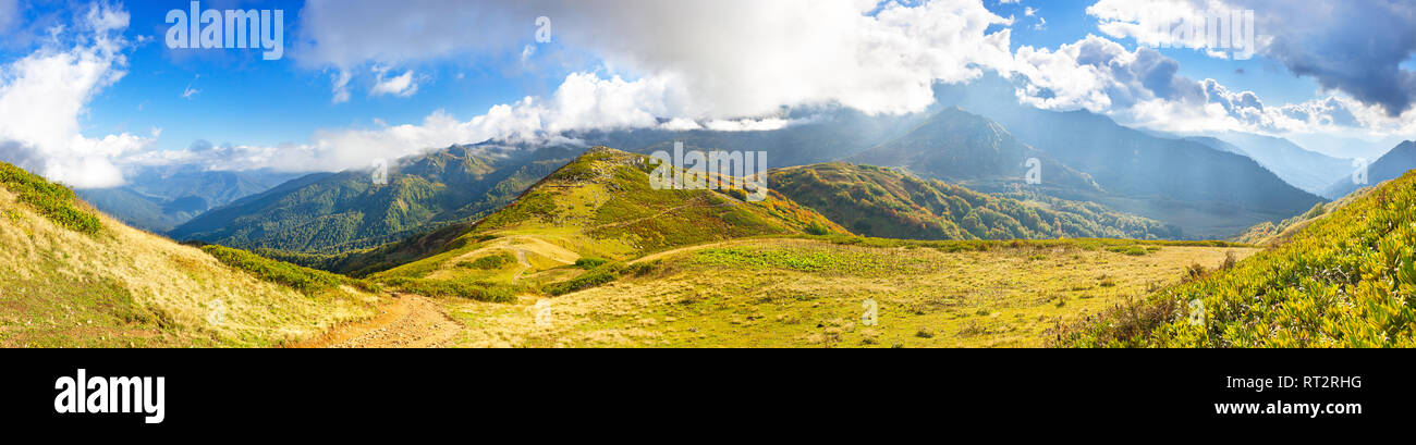 beautiful panorama mountain landscape with blue sky and white clouds ...