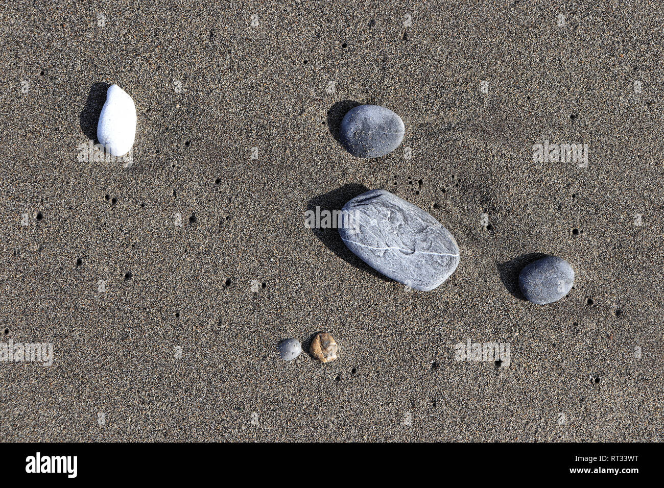 Beach beauty backdrop. Different stones on the wet sand. Rare pebble ...