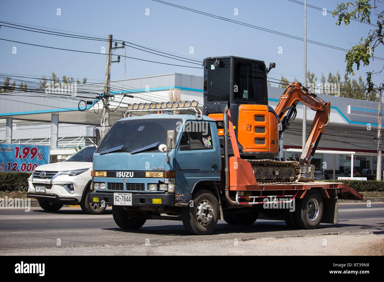 Chiangmai, Thailand - February 7 2019: Private Hitachi backhoe on truck ...