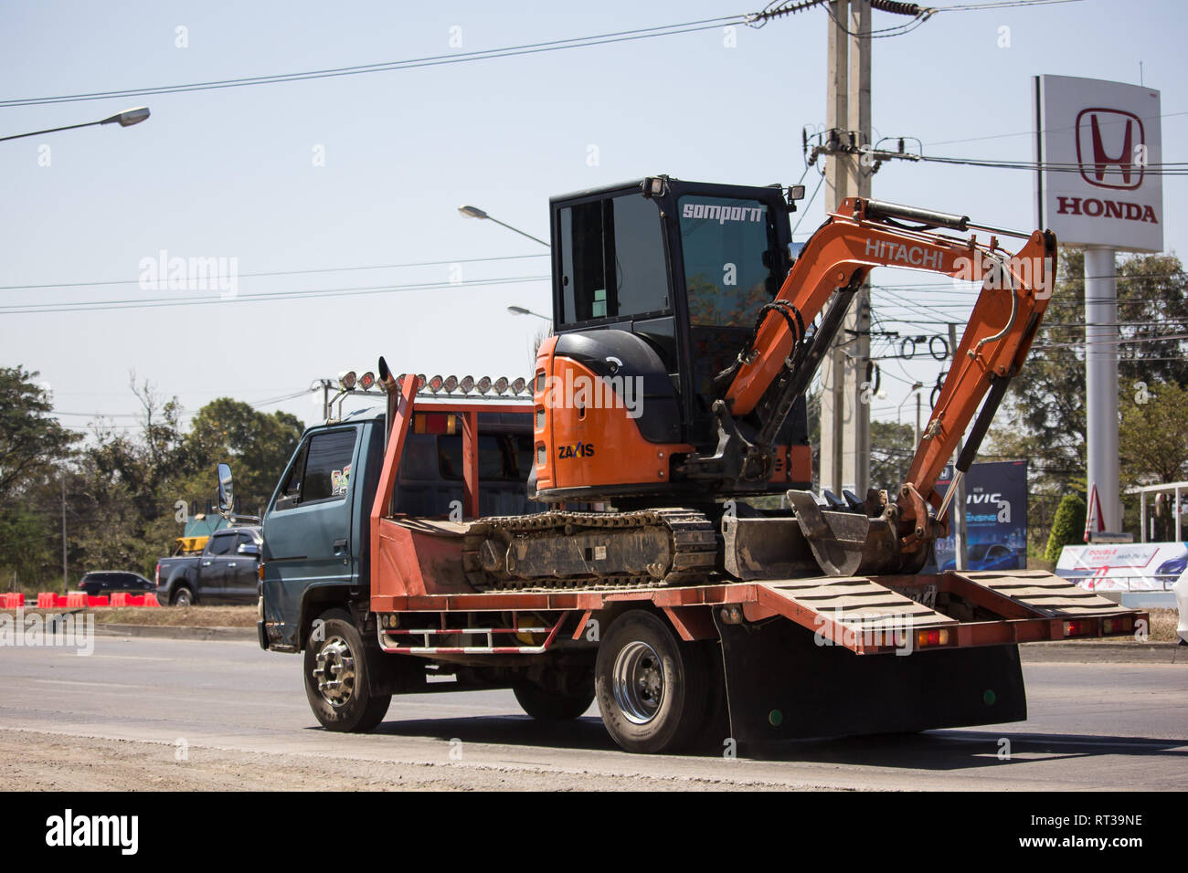 Chiangmai, Thailand - February 7 2019: Private Hitachi backhoe on truck ...