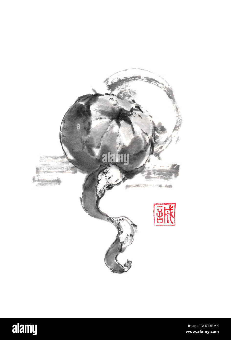 Peeled orange Japanese style original sumi-e ink painting. Hieroglyph ...