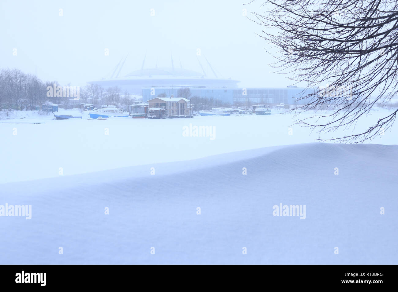 Snow drift with tree branches and buildings in the background Stock ...