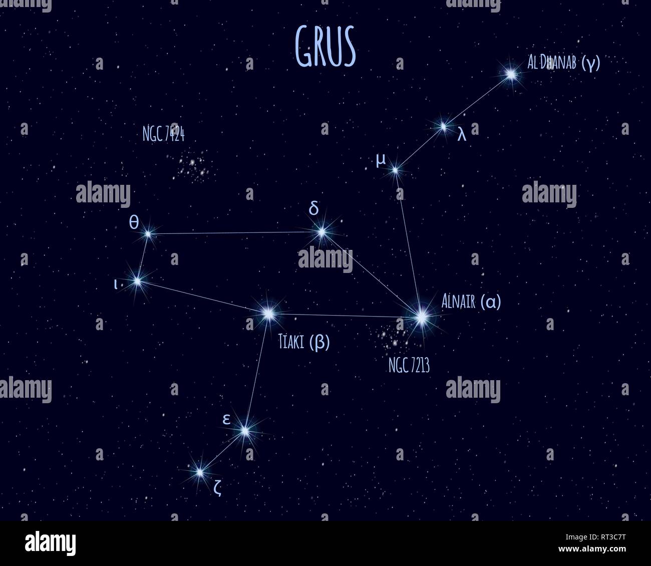 Grus (The Crane) constellation, vector illustration with the names of basic stars against the ...