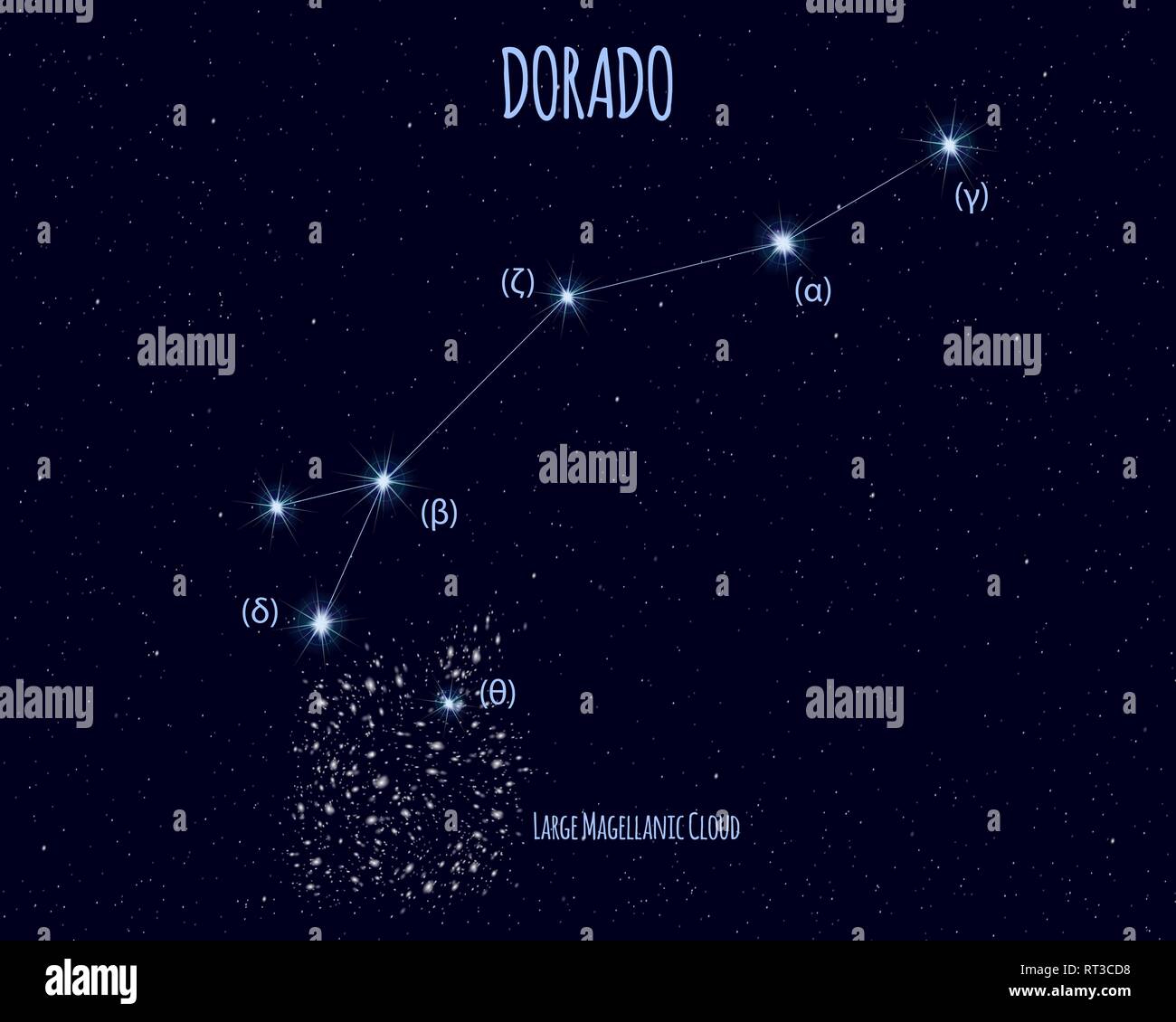 Dorado (The Goldfish) constellation, vector illustration with the names ...