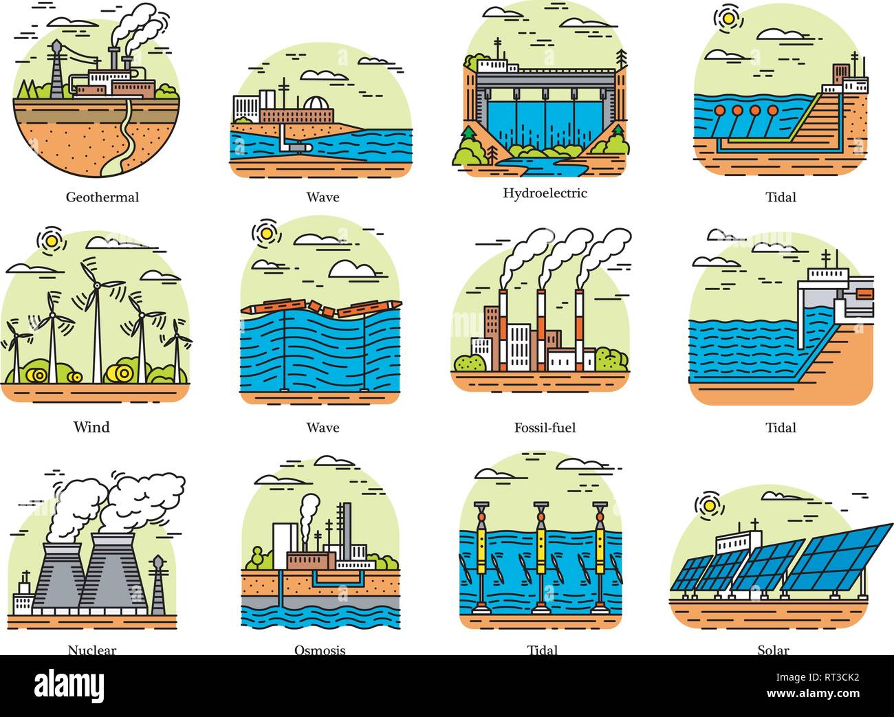 Power plants icons. Set of industrial buildings. Nuclear Factories ...