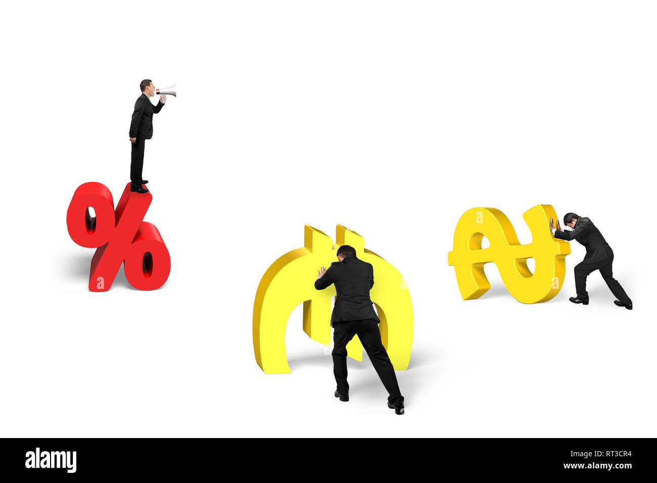 Leader on top of percentage 3D symbol shouting at team members for ...